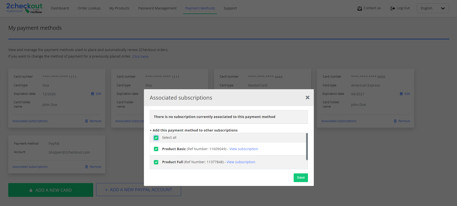 Payment methods management in 2Checkout myAccount | Documentation | 2Checkout